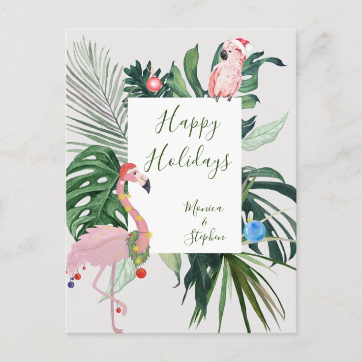 Happy Holidays Tropical Flamingo Postcard | Zazzle