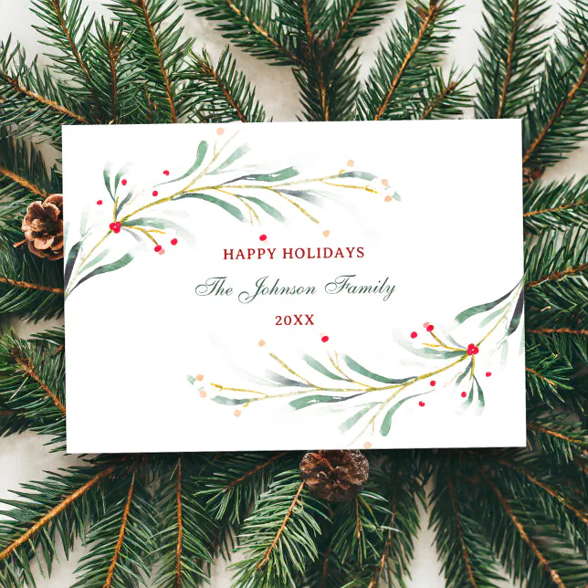 Happy Holidays Watercolor Greenery Holiday Card | Zazzle