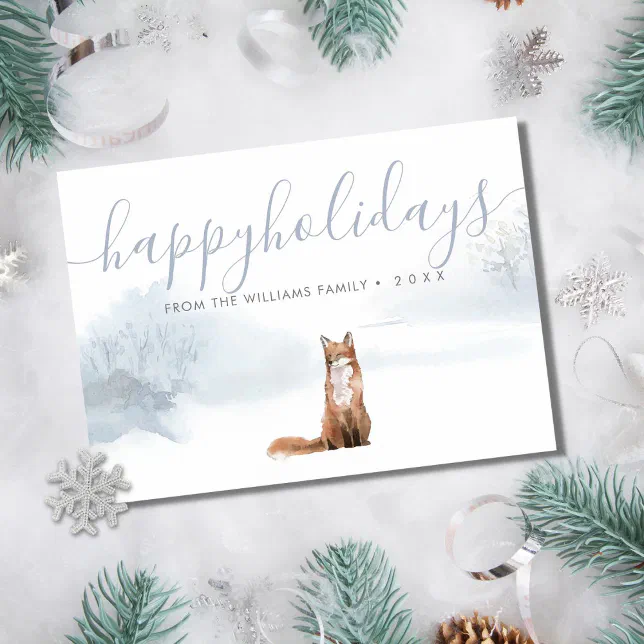 Happy Holidays Winter Woodland Scene Fox Holiday Card | Zazzle