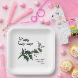 Happy Holly Days Custom Family Name Christmas Paper Plates | Zazzle