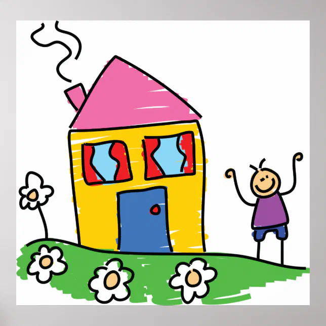 Happy Home Colorful House and Stick Figure Poster | Zazzle