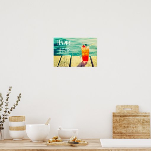 Happy Hour slogan Retro cocktail sunset pool bar Poster | Zazzle