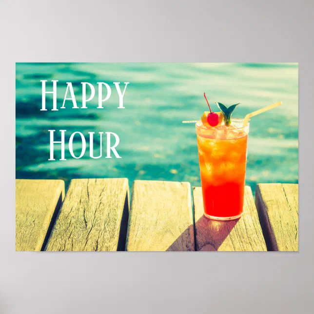 Happy Hour slogan Retro cocktail sunset pool bar Poster | Zazzle