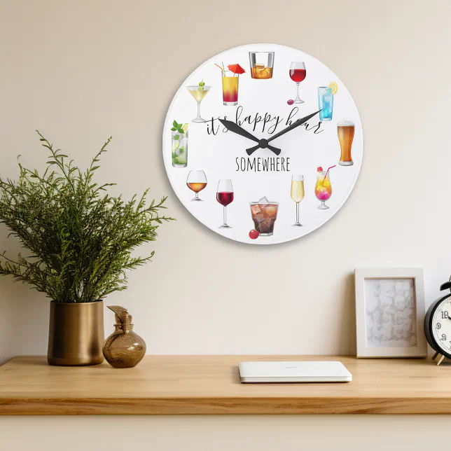 Happy Hour Somewhere Tropical Cocktail Beer Wine Large Clock | Zazzle