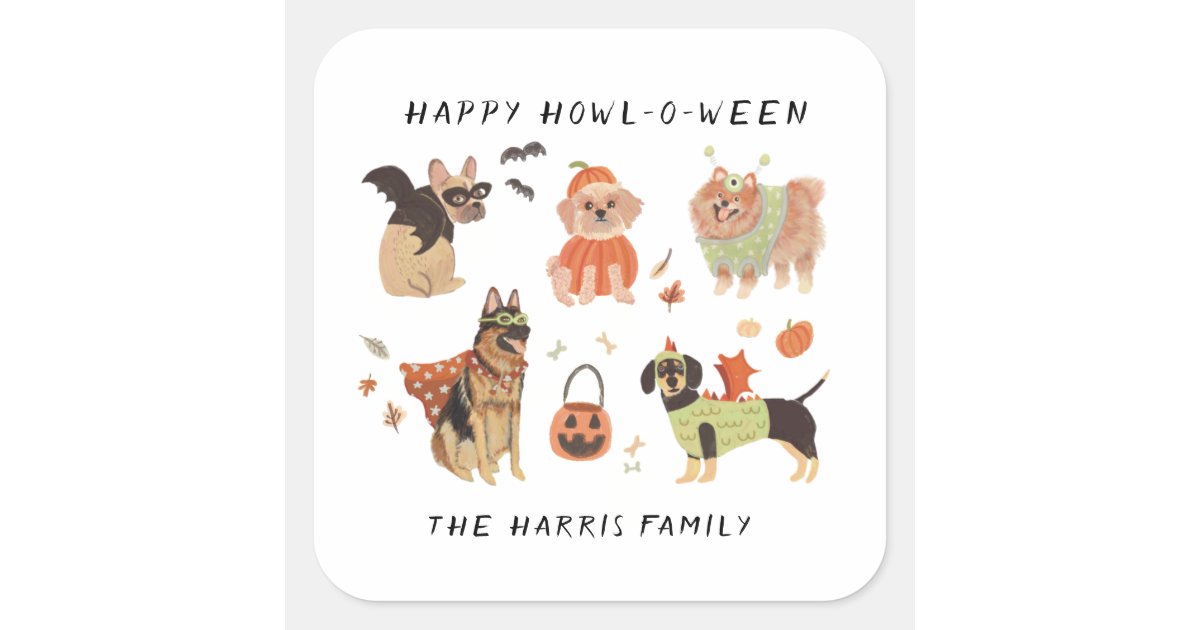 Happy Howl-o-ween Painted Dogs Halloween Food Labe Square Sticker | Zazzle