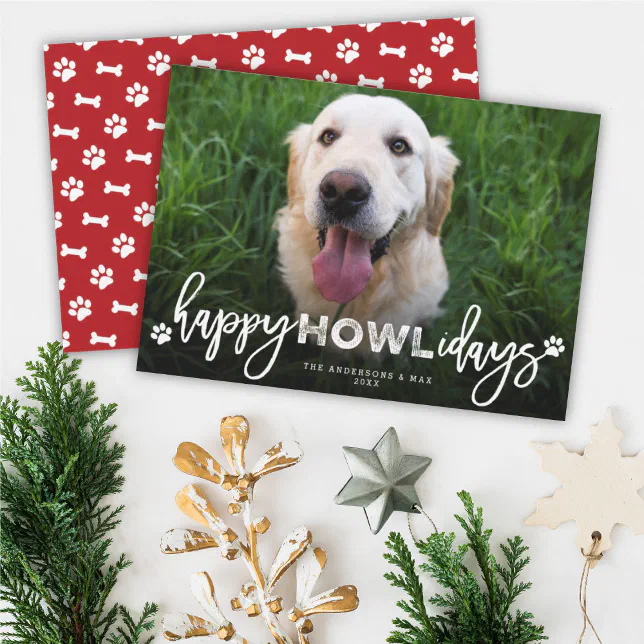 Happy Howlidays Brush Script Dog Lover Photo Pet Holiday Card | Zazzle