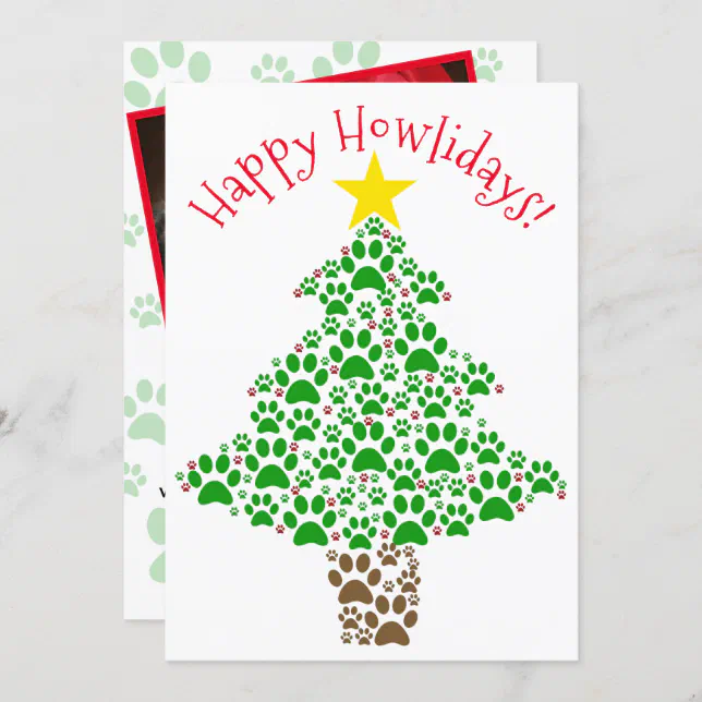 Happy Howlidays Fun Paw Print Christmas Tree Photo Holiday Card | Zazzle