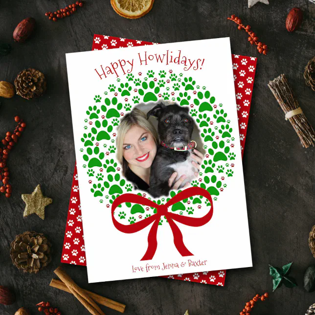 Happy Howlidays Fun Paw Print Wreath Photo Holiday Card | Zazzle