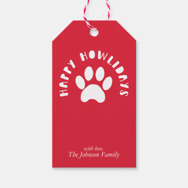 Happy Howlidays Pet Paw Print Personalize Holiday Gift Tags | Zazzle