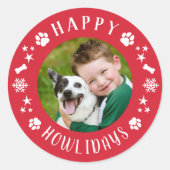 Happy Howlidays Red Pet Dog Photo Classic Round Sticker | Zazzle