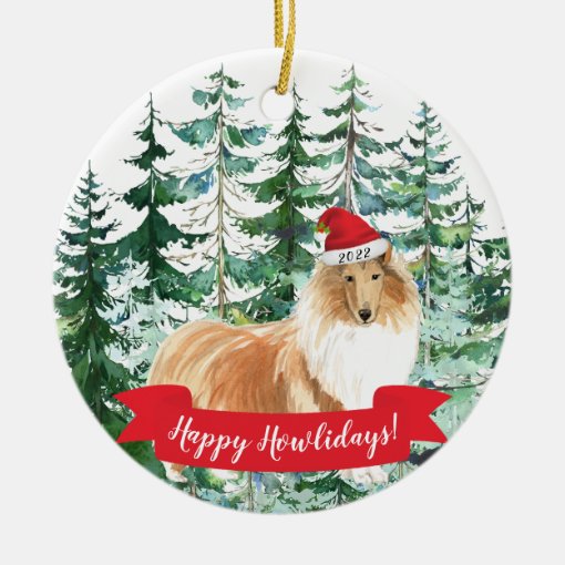 Happy Howlidays Rough Collie Dog Christmas Ornamen Ceramic Ornament ...