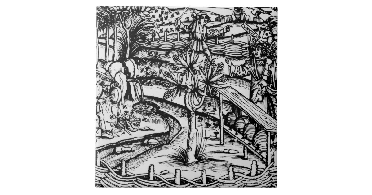 Happy husbandsmen tending bees, illustration from ceramic tile | Zazzle Happy husbandsmen tending bees, illustration from ceramic tile | Zazzle