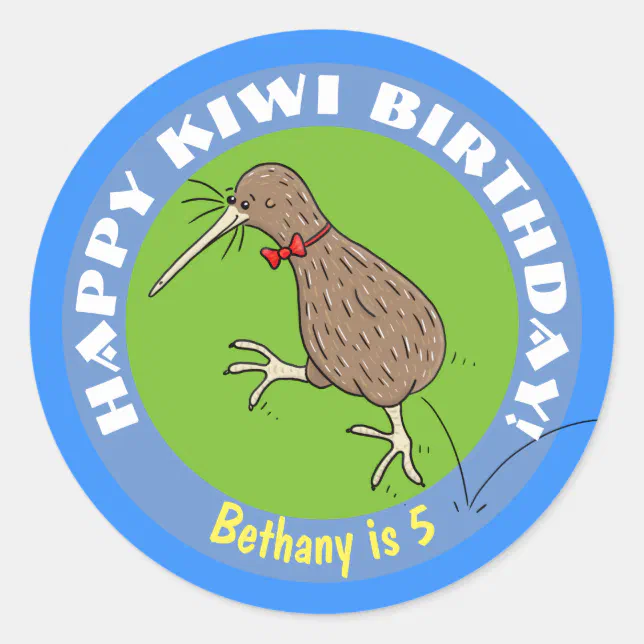 Happy kiwi cartoon bird with bow tie classic round sticker | Zazzle