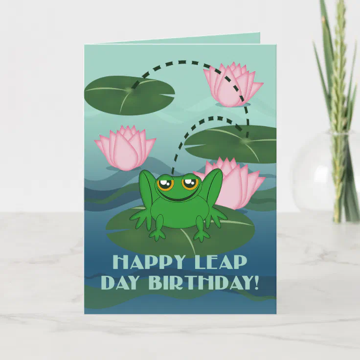Happy Leap Day Birthday! Leaping Frog on Lily Pad Card | Zazzle