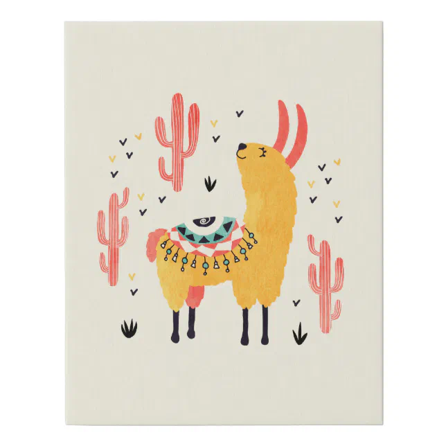 Happy llama with cactus faux canvas print | Zazzle
