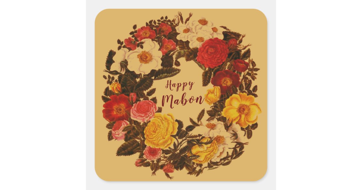 Happy Mabon Autumn Equinox Wreath on Fall Gold Square Sticker | Zazzle