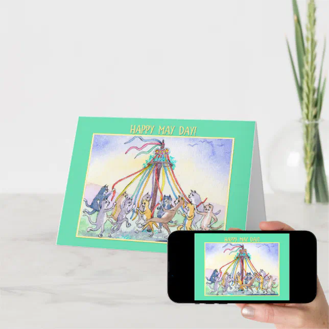 Happy May Day, cats maypole dancing, greeting card | Zazzle