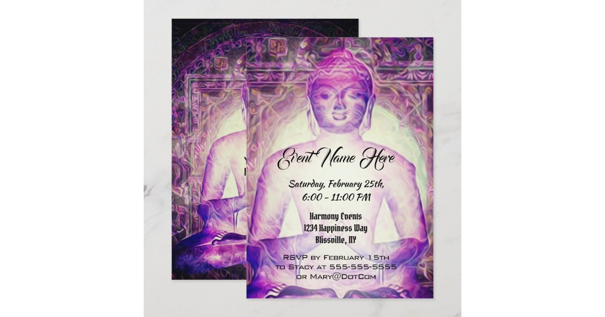 Happy Meditating Purple Buddha Invitation | Zazzle