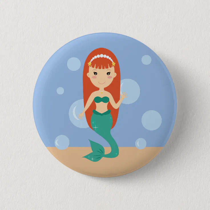 Happy mermaid girl swimming in the sea button | Zazzle