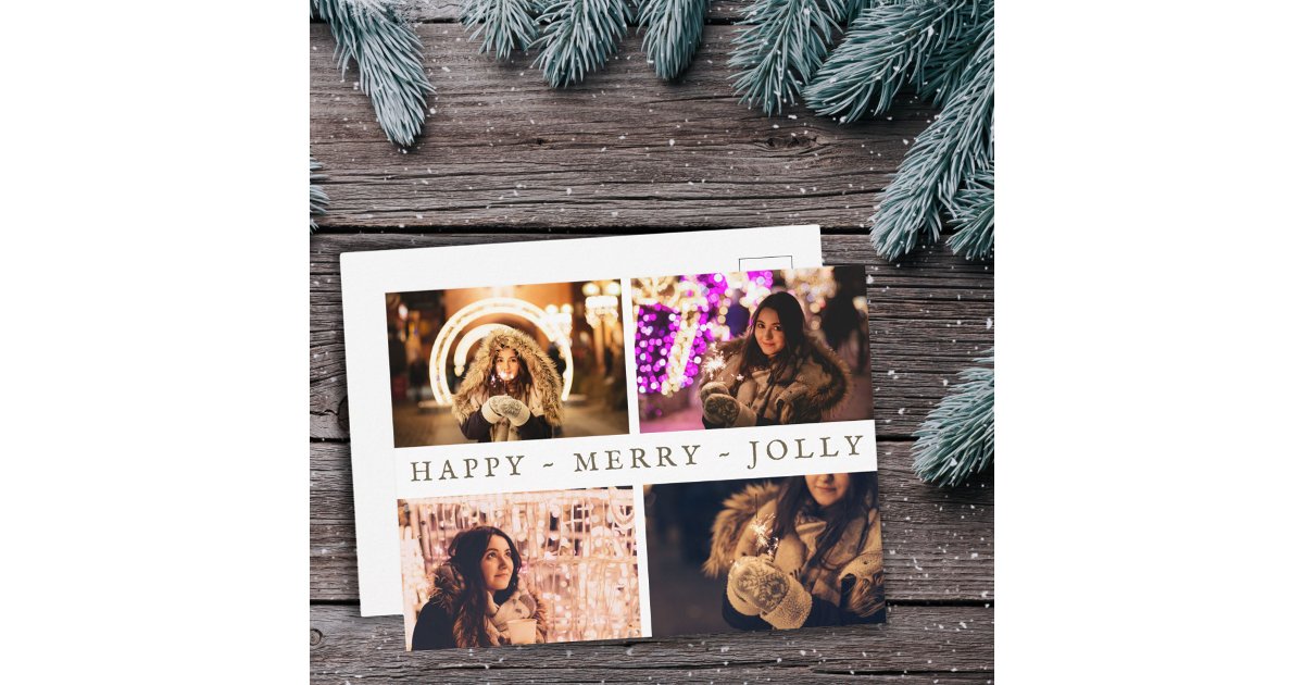 Happy Merry Jolly 4 Photo Collage Holiday Postcard | Zazzle