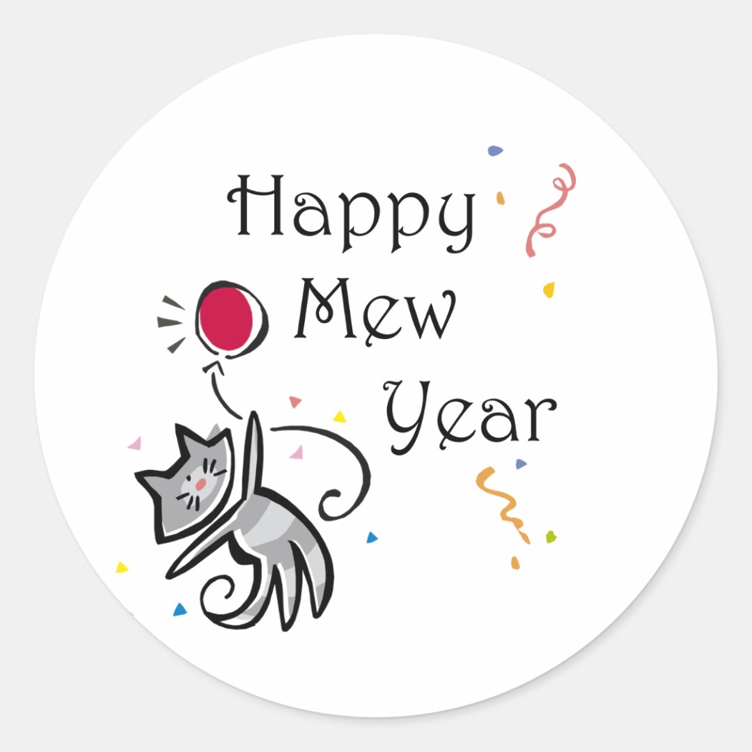 Happy Mew Year Party Cat Classic Round Sticker | Zazzle