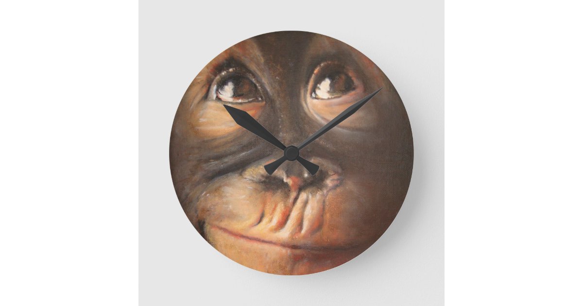 Happy Monkey Smiling Oil Painting Orangutan Round Clock | Zazzle