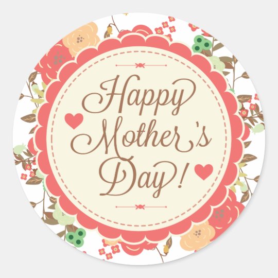 Happy Mother Day Text & Colorful Floral Design Classic Round Sticker ...