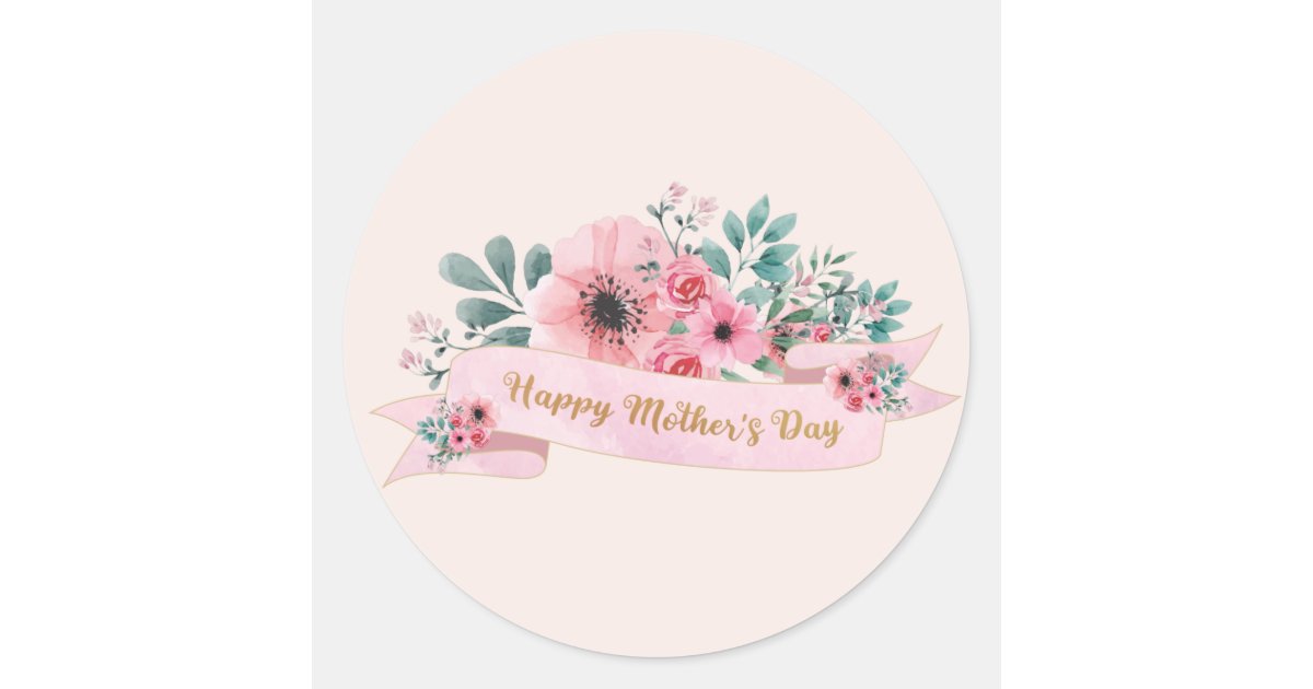 Happy Mother's Day Pink Floral Watercolour Classic Round Sticker | Zazzle