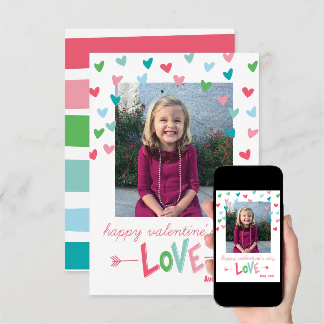 Happy Multi-Colored Hearts Valentine’s Photo Card | Zazzle