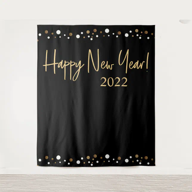 Happy New Year 2022 Script Black Gold Confetti Tapestry | Zazzle