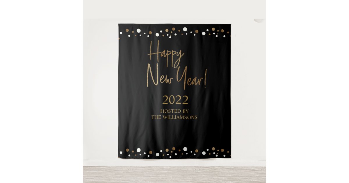 Happy New Year 2022 Script Black Gold Custom Tapestry | Zazzle