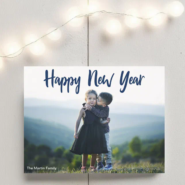 Happy New Year 2024 Modern Blue Typography Photo Postcard | Zazzle