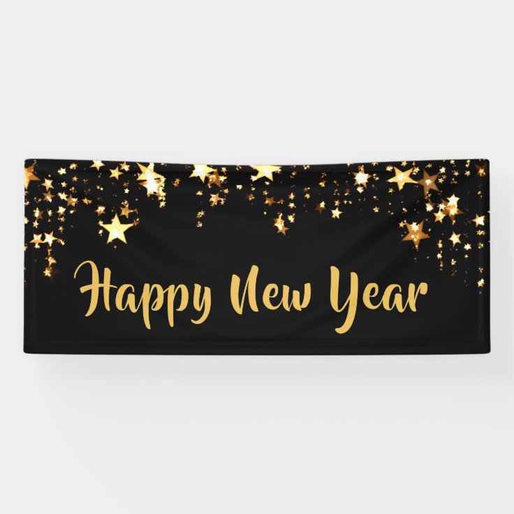 HAPPY NEW YEAR Black and Gold Stars Banner | Zazzle