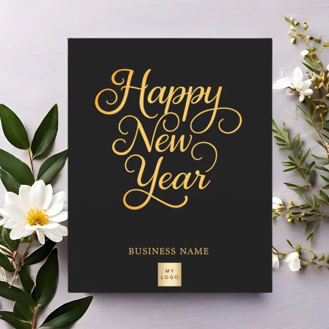 Happy New Year black gold business logo card | Zazzle
