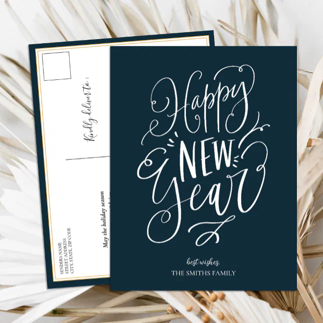 Happy New Year Blue Script Modern Non Photo Holiday Postcard | Zazzle