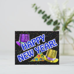 HAPPY NEW YEAR! Blue Text w/Party Hats Holiday Postcard | Zazzle