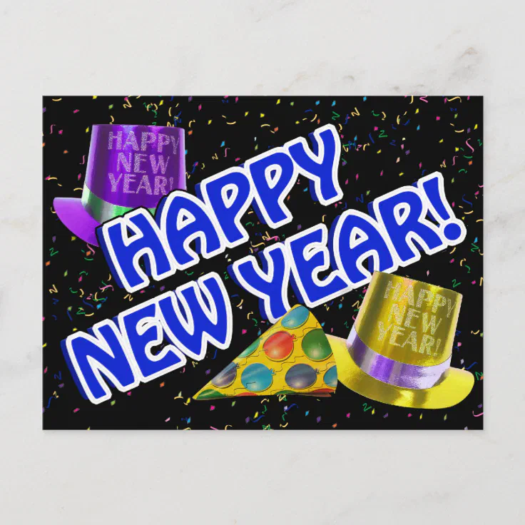 HAPPY NEW YEAR! Blue Text w/Party Hats Holiday Postcard | Zazzle