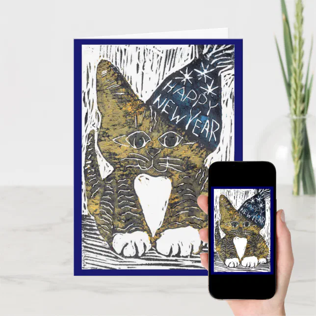 Happy New Year Cat Block Print Holiday Card | Zazzle