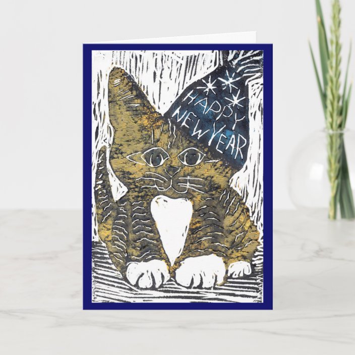 Happy New Year Cat Block Print Holiday Card | Zazzle.com