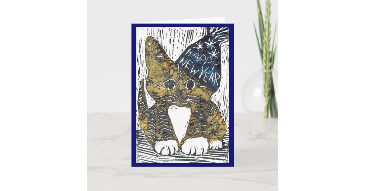Happy New Year Cat Block Print Holiday Card | Zazzle