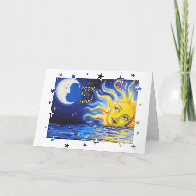 Happy New Year Celestial Sun and Moon Face Card | Zazzle