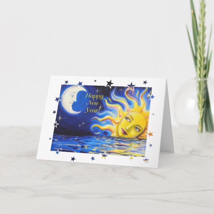 Happy New Year Celestial Sun and Moon Face Card | Zazzle.com