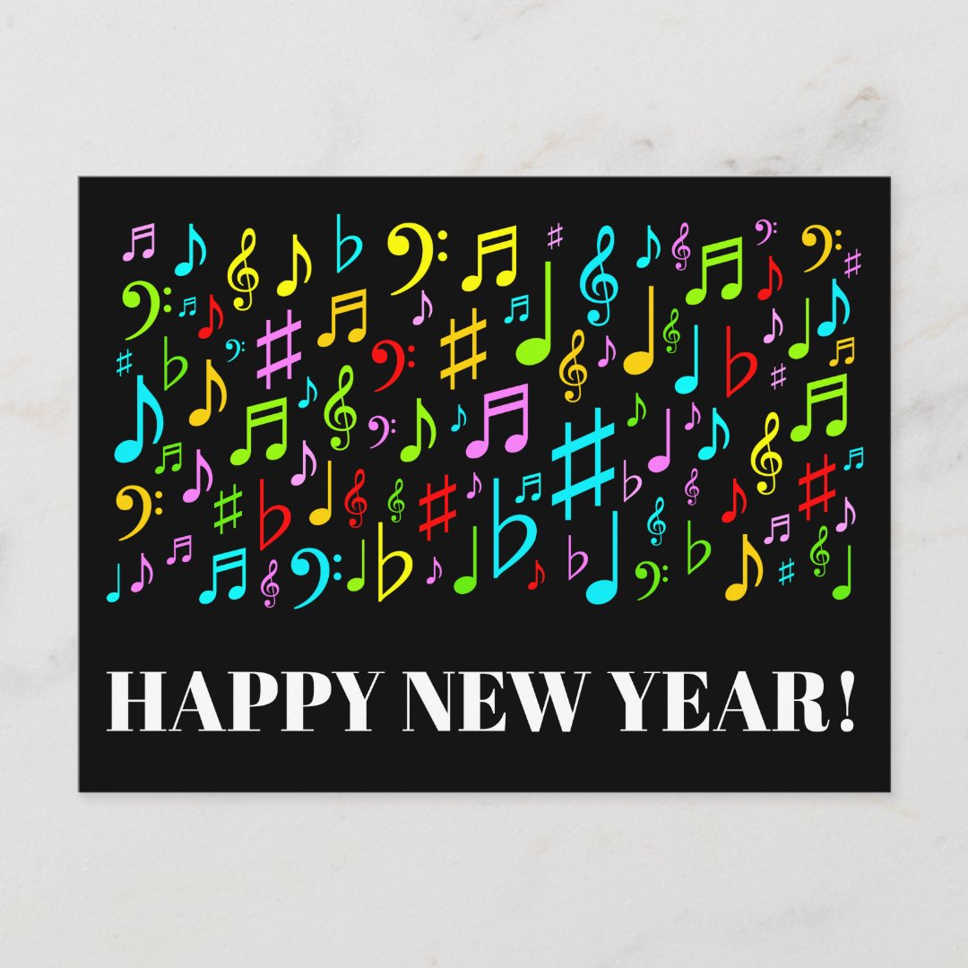 HAPPY NEW YEAR + Colorful Music Symbols Postcard | Zazzle