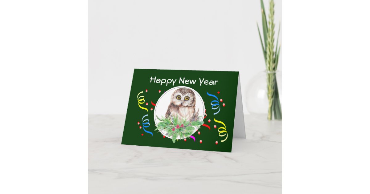 Happy New Year, Cute Owl Bird Greeting Holiday Card | Zazzle