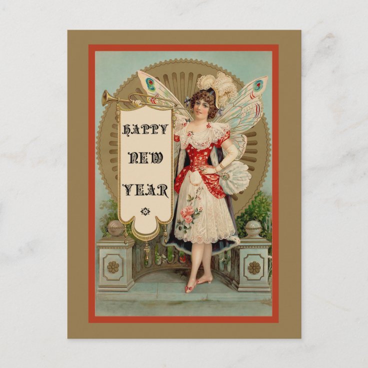 Happy New Year Fairy With Trumpet and Banner Holiday Postcard | Zazzle