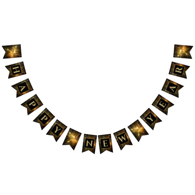 Happy New Year Festive Golden Fireworks Bunting Flags | Zazzle