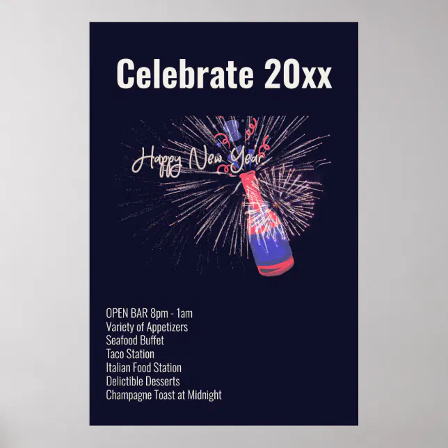 Happy New Year Firework Champagne Celebration Menu Poster | Zazzle