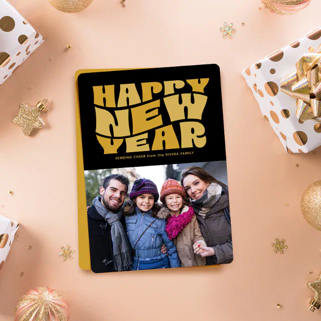 Happy New Year funky fun retro black gold photo Holiday Card | Zazzle
