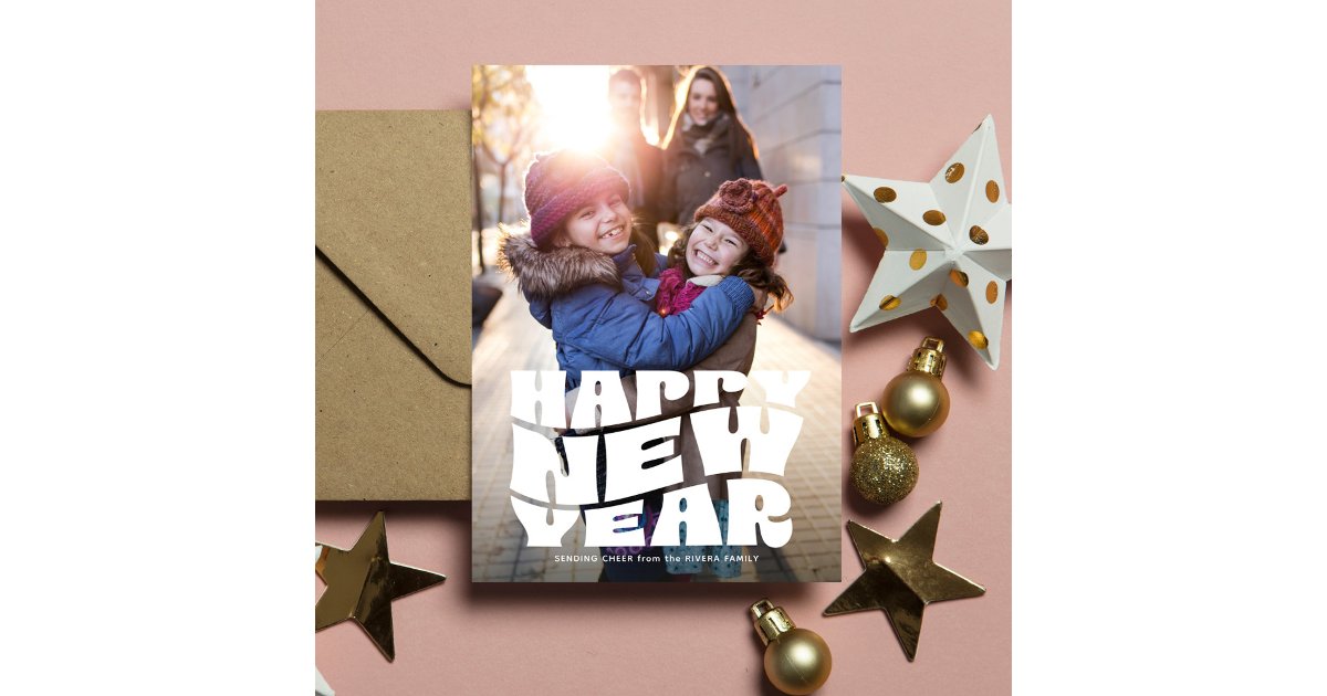 Happy New Year funky fun retro family photo Holiday Card | Zazzle