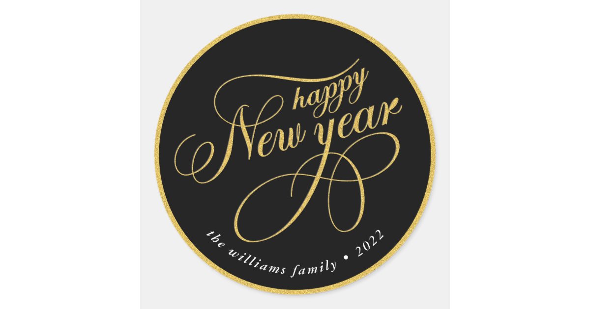 Happy New Year Gold & Black Typography Classic Round Sticker | Zazzle